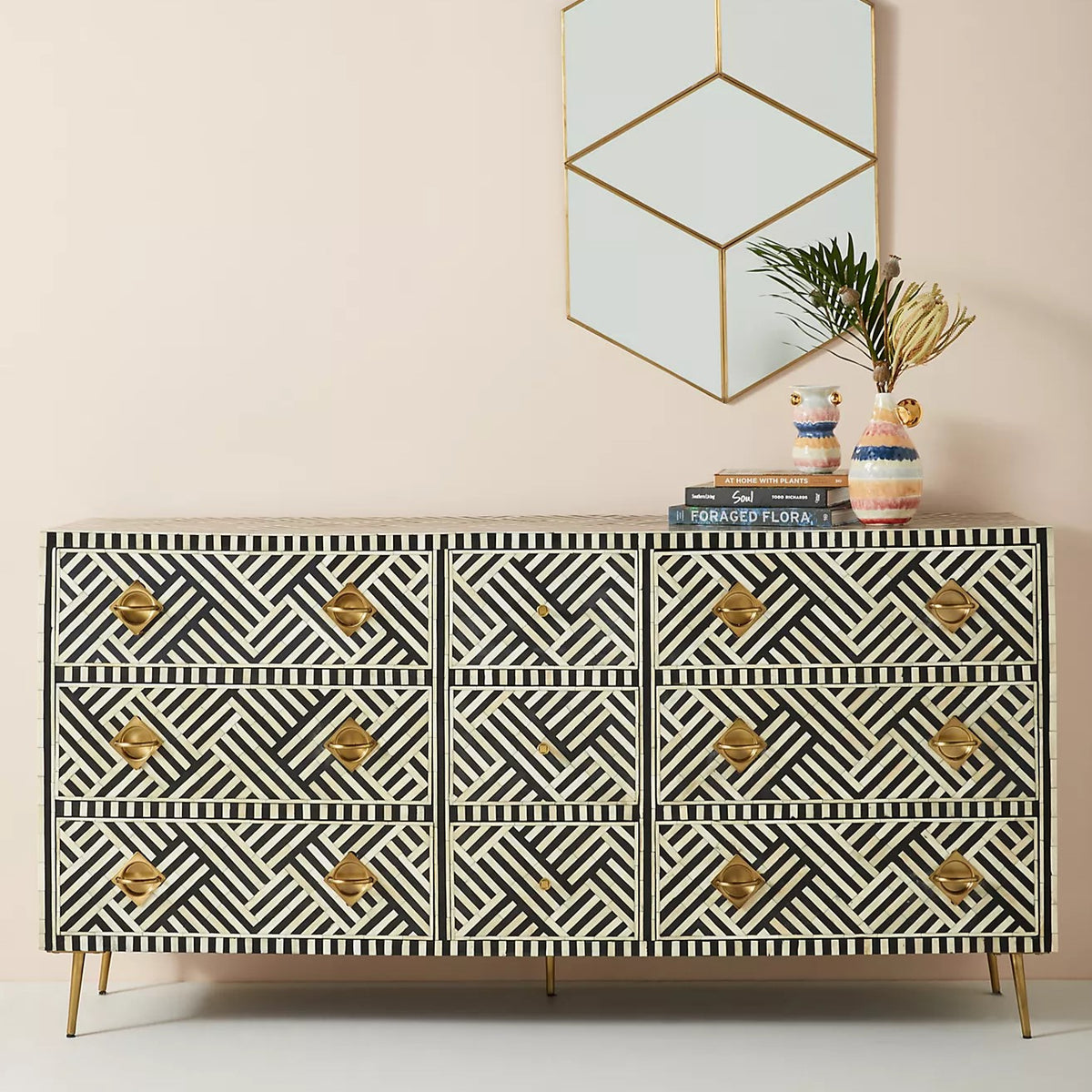 Chevron Bone Inlay Storage Cabinet Black | CasaGold Bone Inlay Haven
