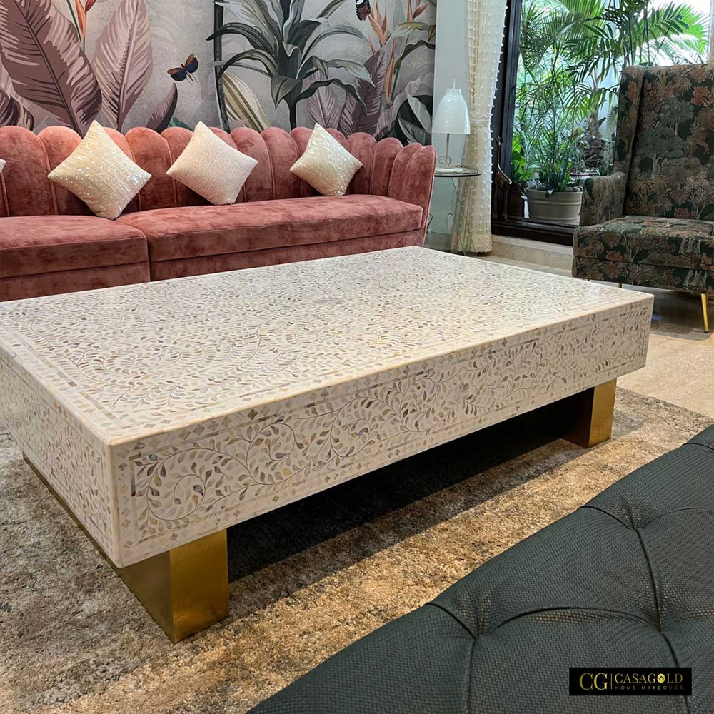 Mother of Pearl Rectangular White Coffee Table - Cleo