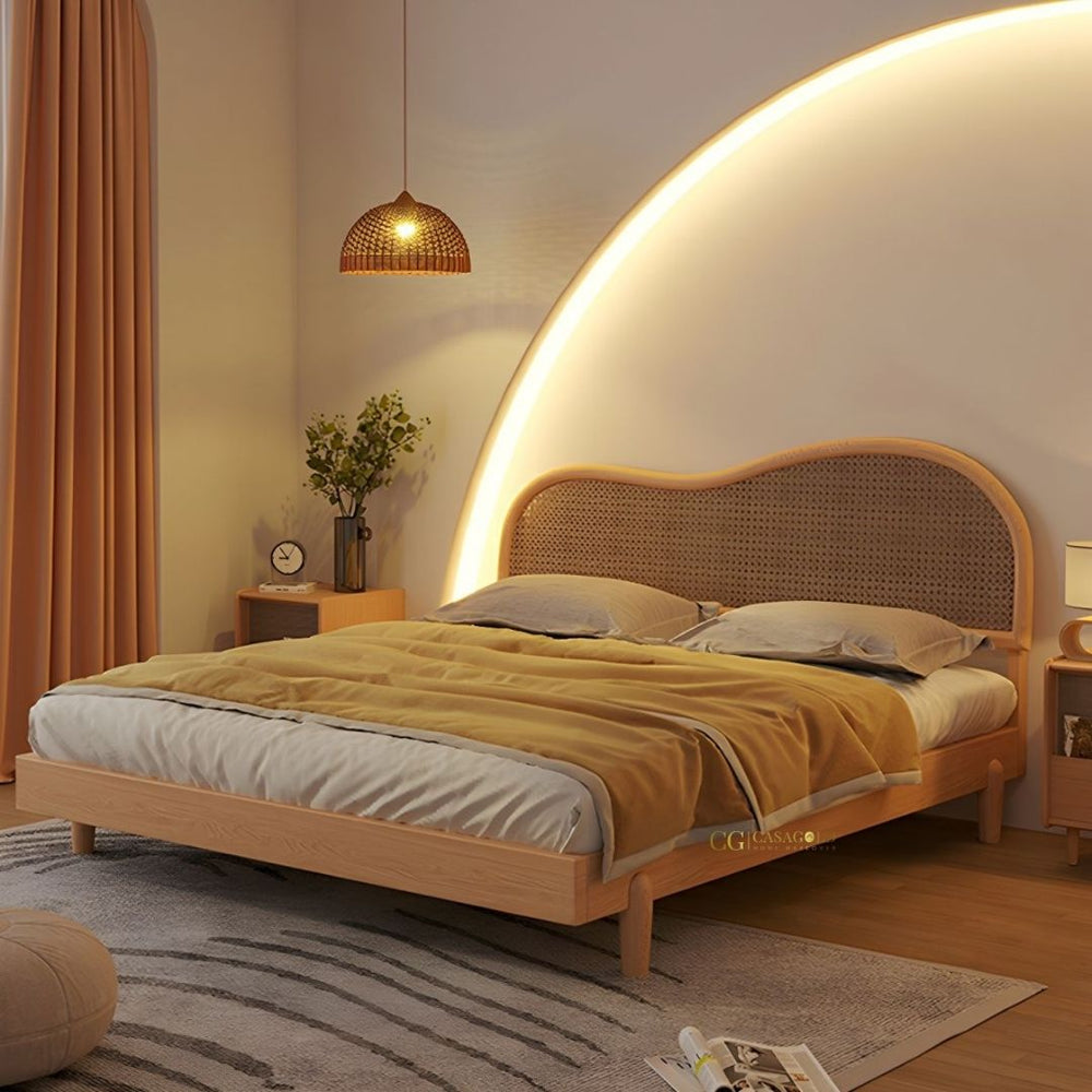 Wavy Rattan Wooden Bed – A Blend of Style and Comfort