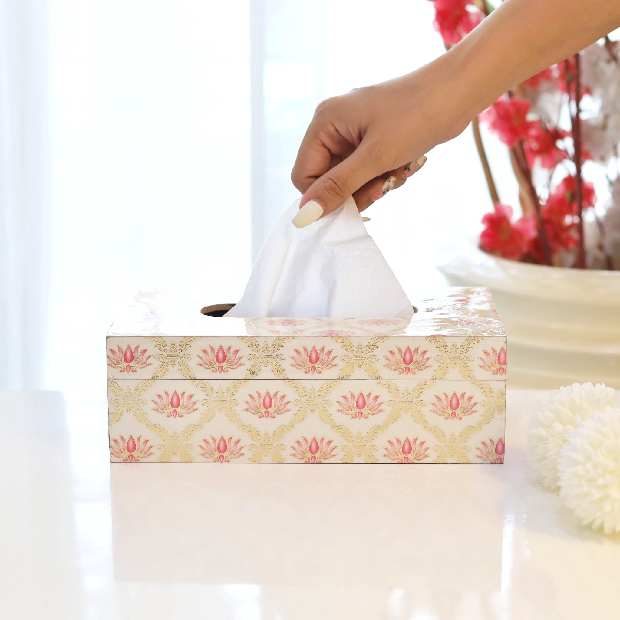 Wooden Tissue Box - Pink Lotus