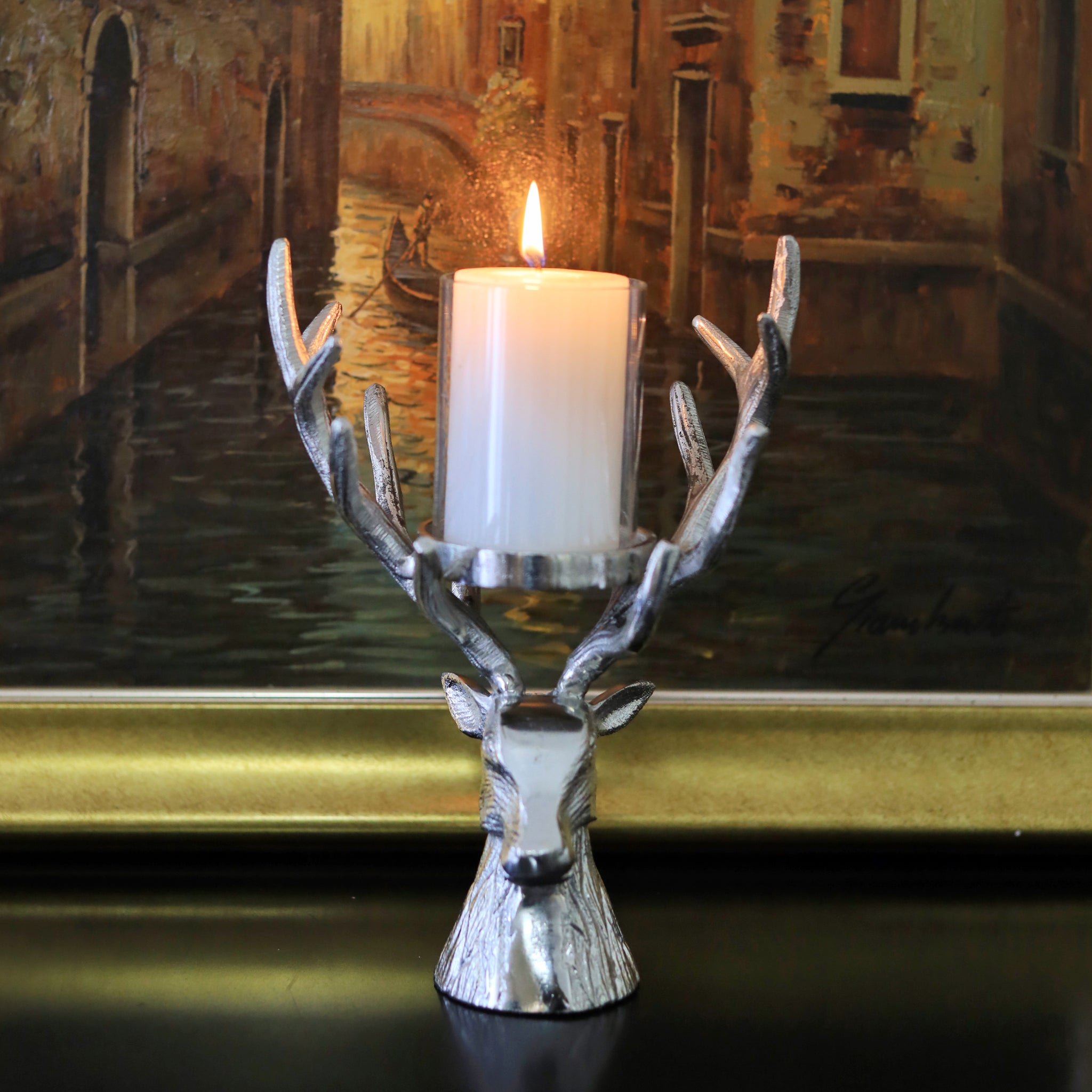 Majestic Hurricane Lantern with Stag Accent