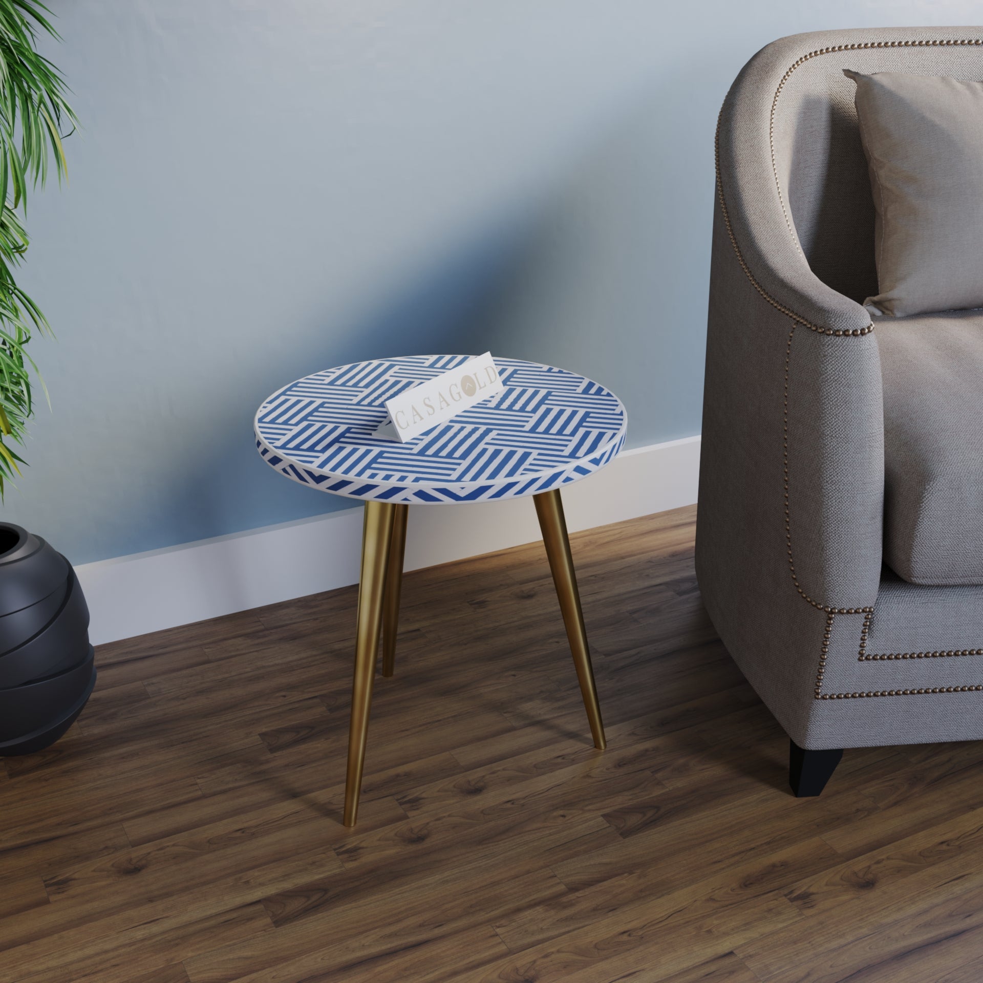 Inlay Round Side Table with Three Gold Legs - Chevron