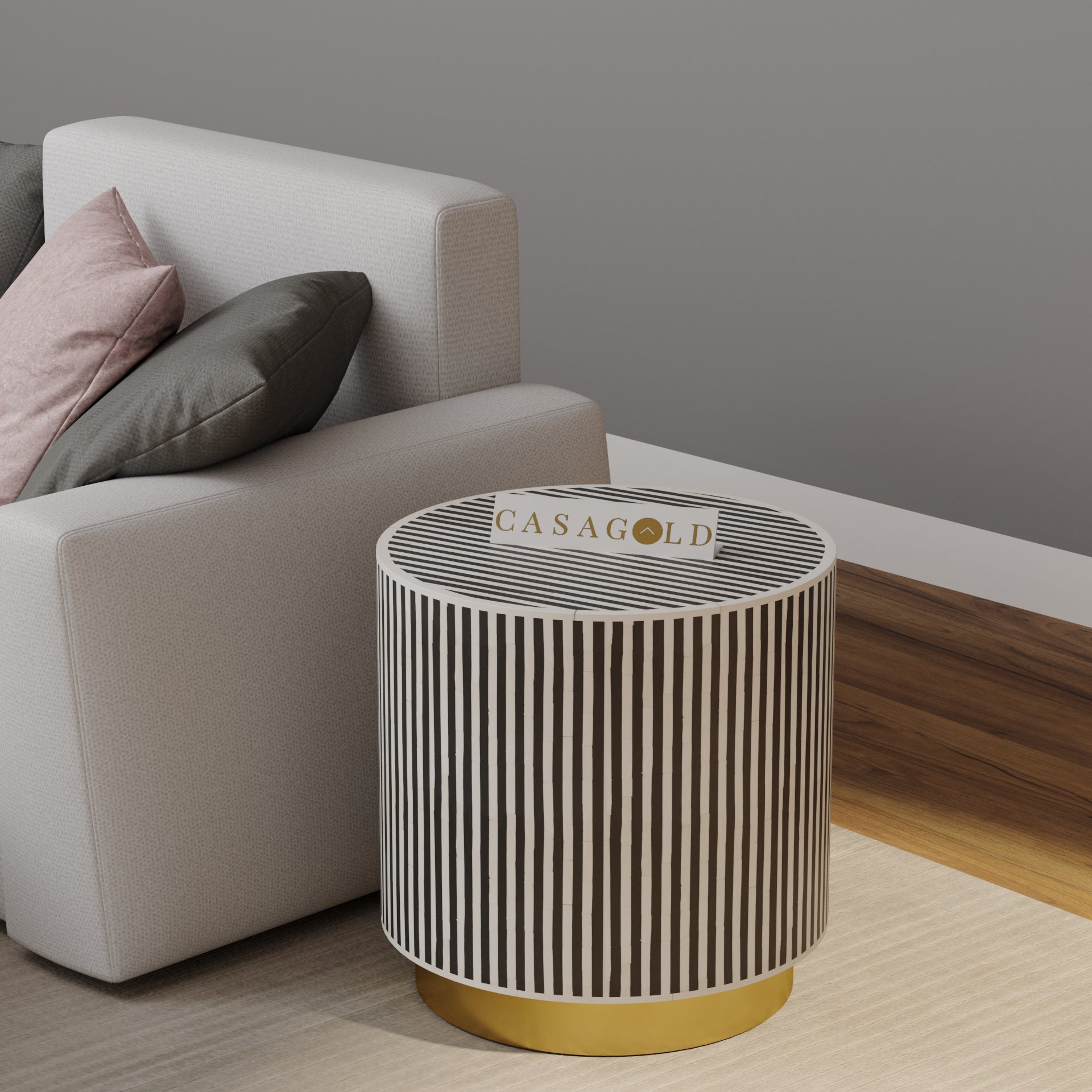 Inlay Drum Side Table with Base - Waterfall