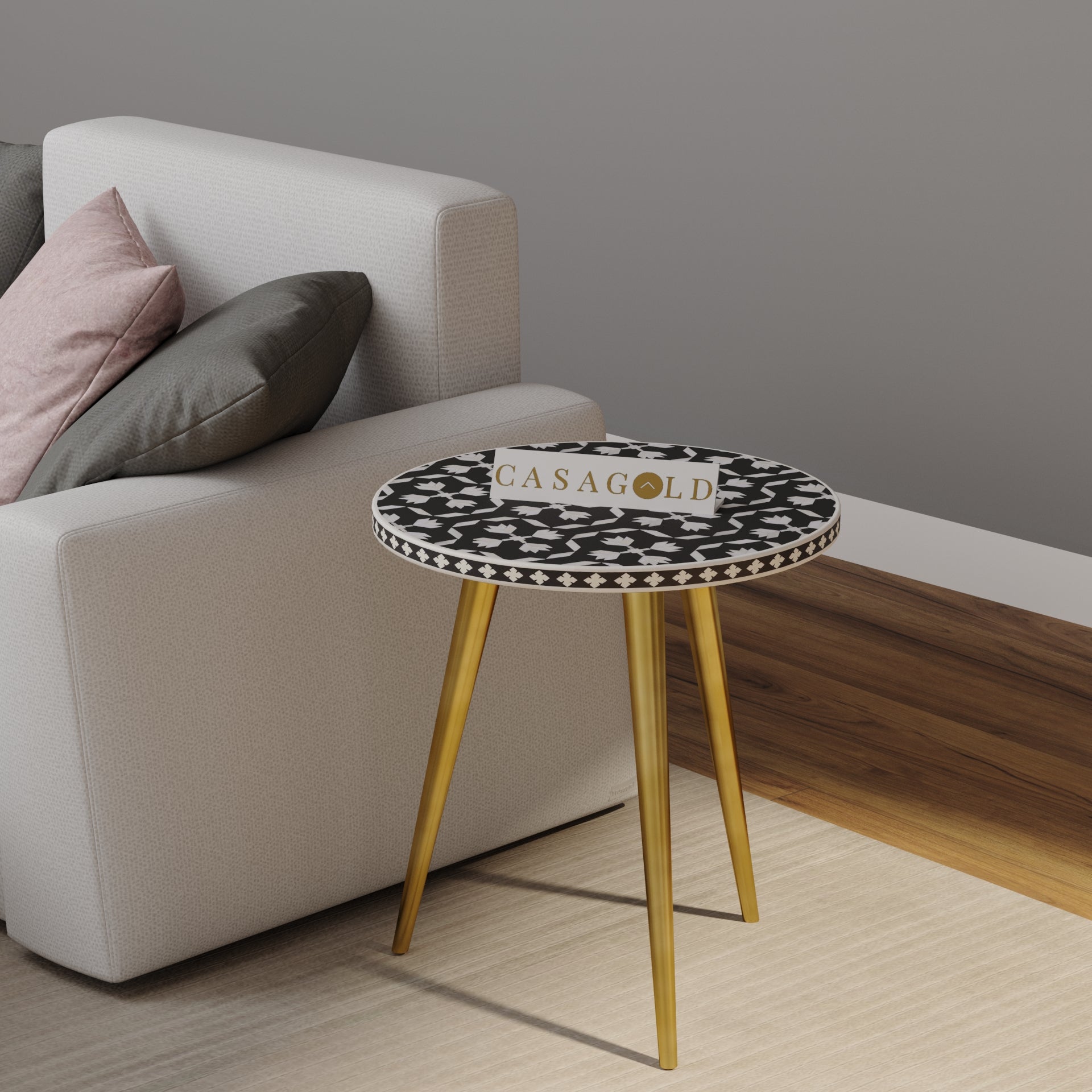 Inlay Round Side Table with Three Gold Legs - Floral