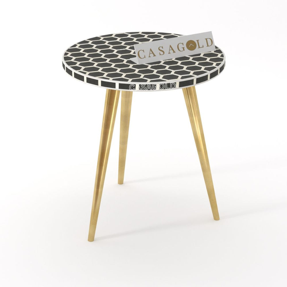 Inlay Round Side Table with Three Gold Legs - Honeycomb