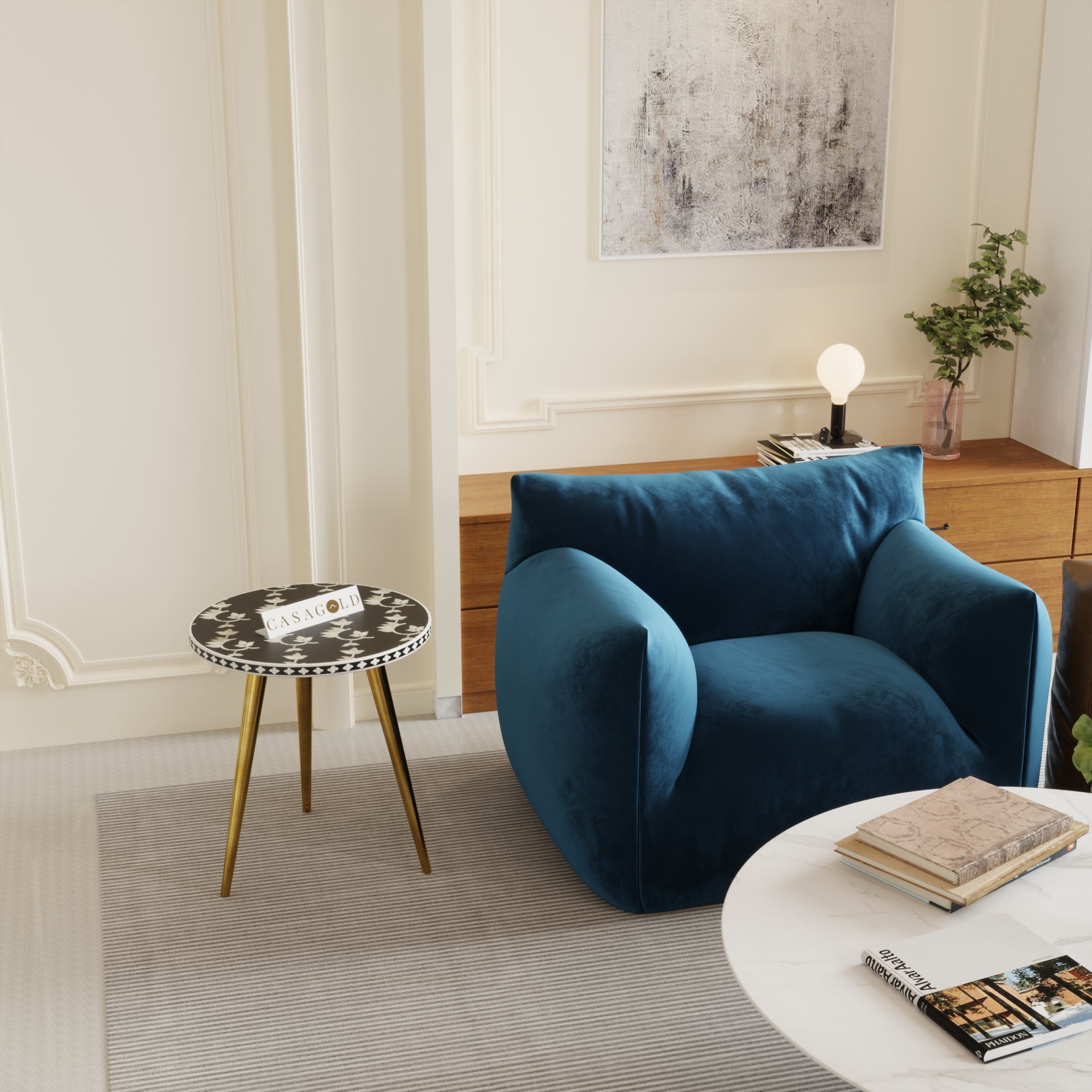 Inlay Round Side Table with Three Gold Legs - Overlay Floral