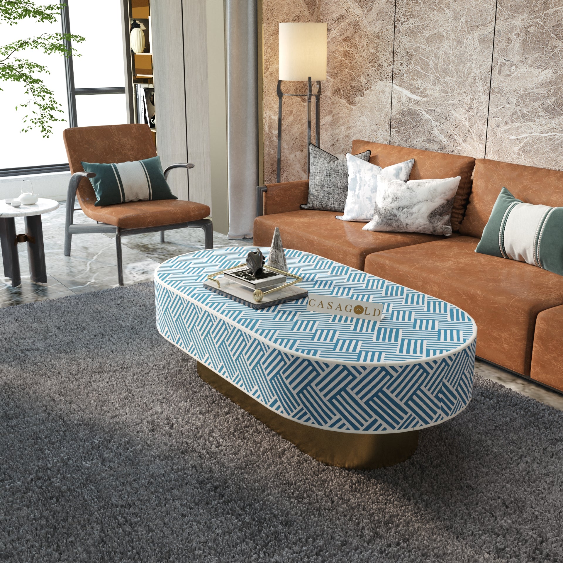 Inlay Jordan Oval Shape Coffee Table - Chevron